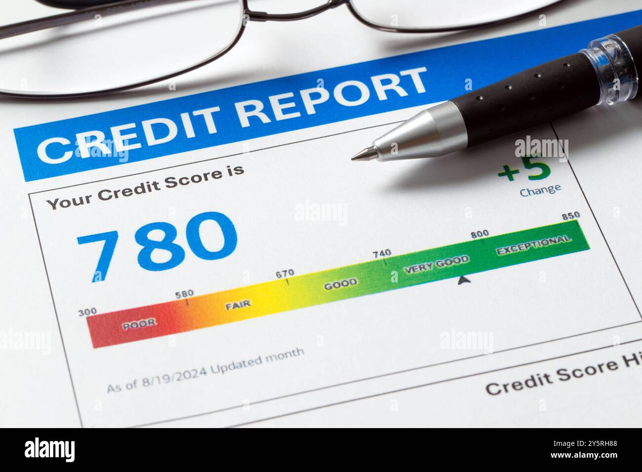 Credit score report sheet with pen and eye glasses Stock Photo - Alamy