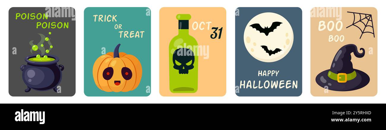 Cute Halloween elements. Set of postcards. Set of posters. Vector ...