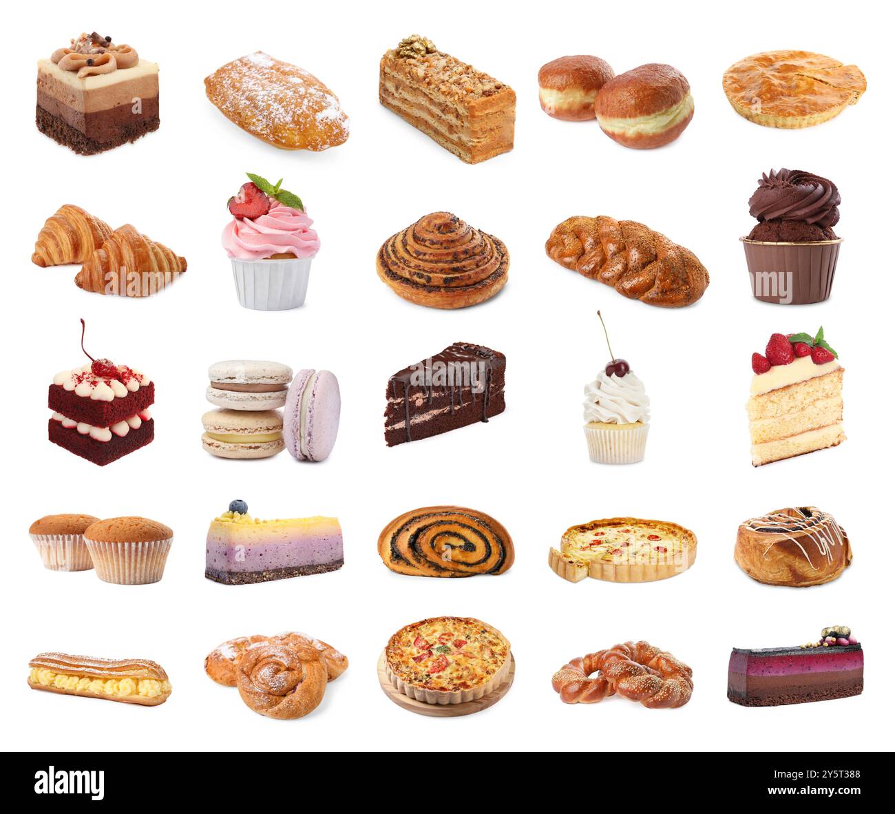 Different pastry isolated on white. Set of cakes, buns and other baked ...