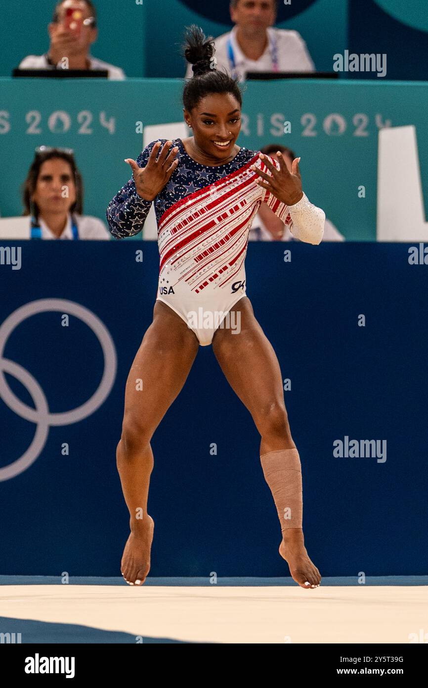 Simone Biles USA) competes on the floor exercise during the Women's ...
