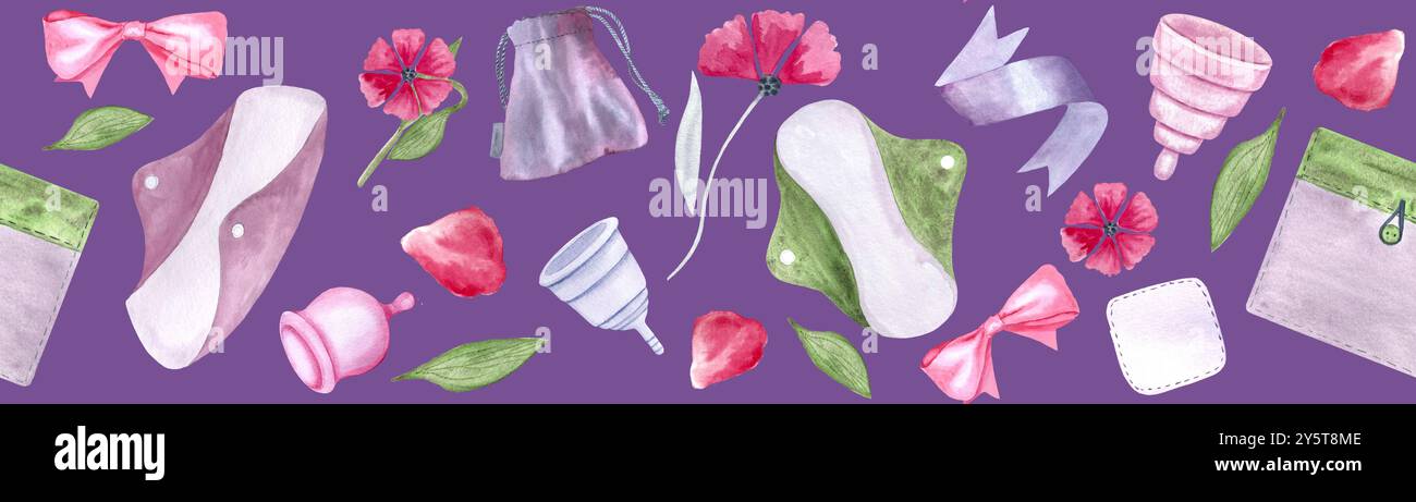 A period pad, a fabric pouch, a menstrual cup, ribbons petals ...