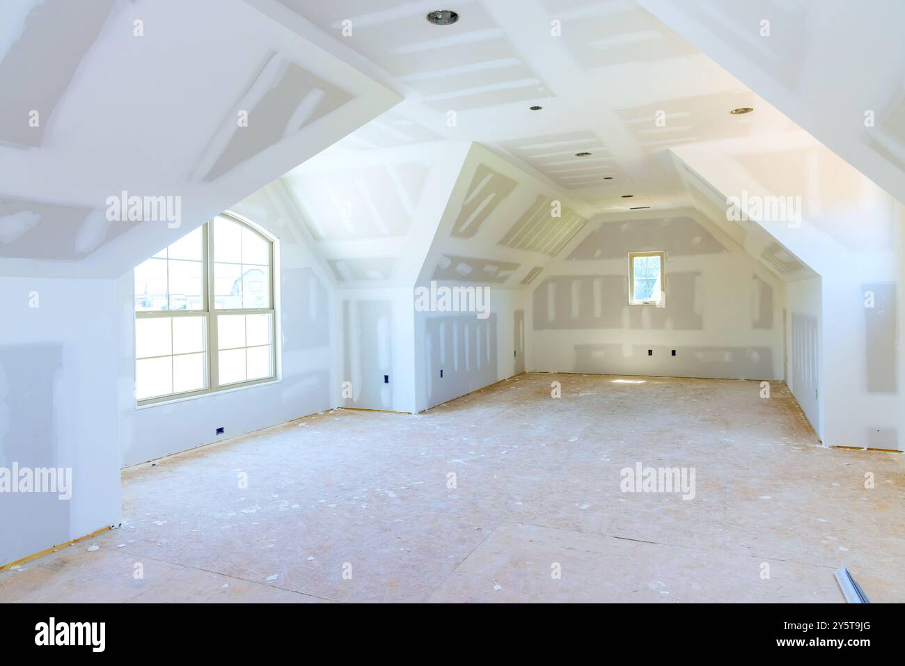 Interior drywall walls ceiling of new house are plastered ready for ...