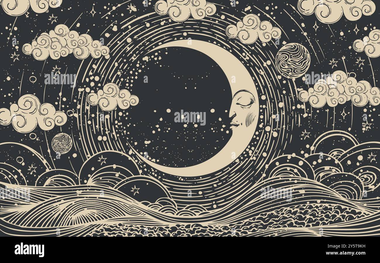 Celestial astrological moon chart with face, vector crescent moon ...