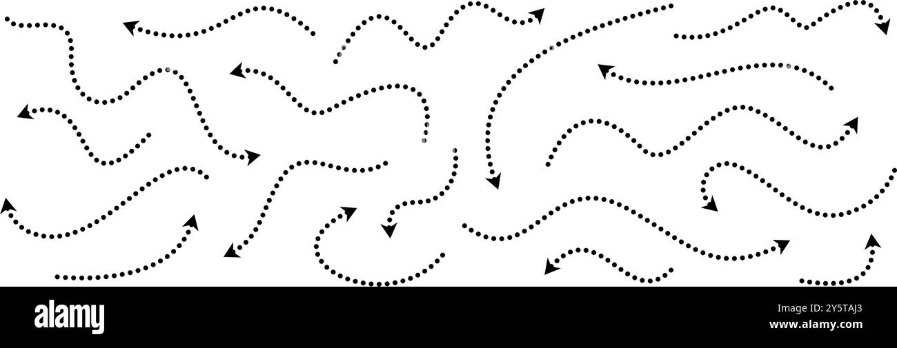 Black dotted arrows set. Wavy and curved dashed arrow collection. Doodle sketched thin pointers ...
