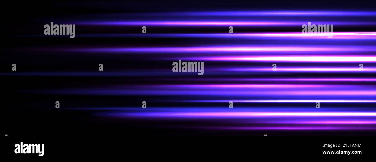 Neon glowing horizontal stripes background. Bright purple speed light ...