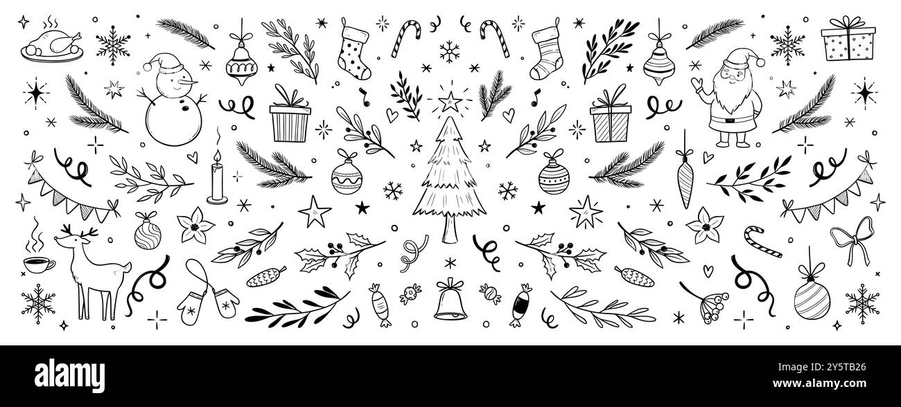 Christmas drawn xmas tree, leaf, holly flower background. Hand drawn ...