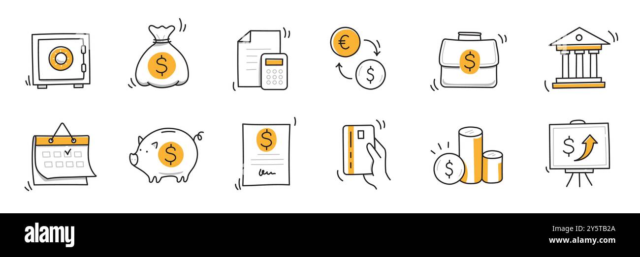 Money finance doodle hand drawn icon set. Finance business, money, bank ...