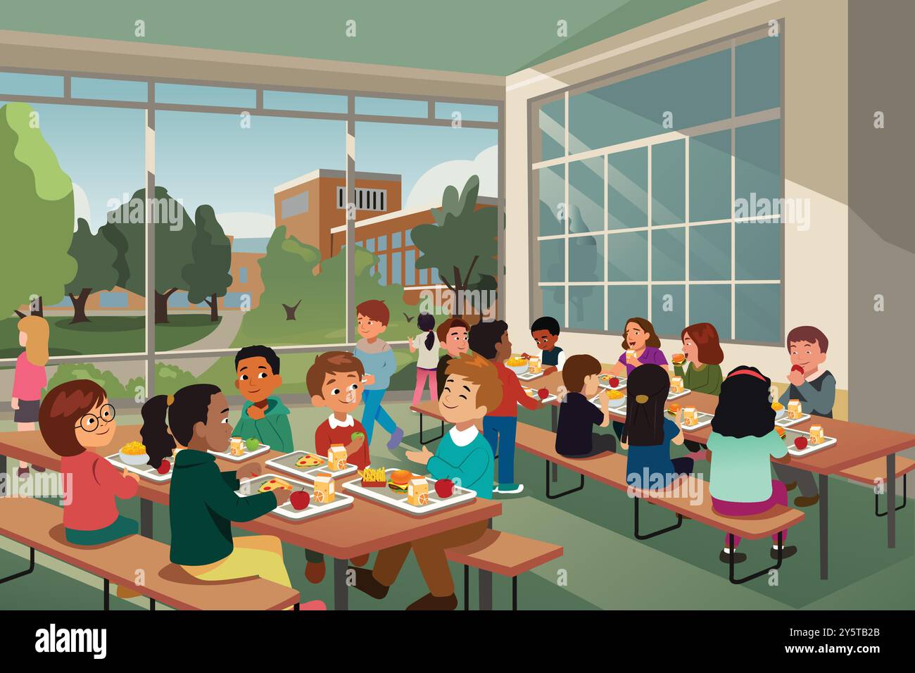 A vector illustration of School Children Eating Lunch at School Cafeteria Stock Vector Image ...