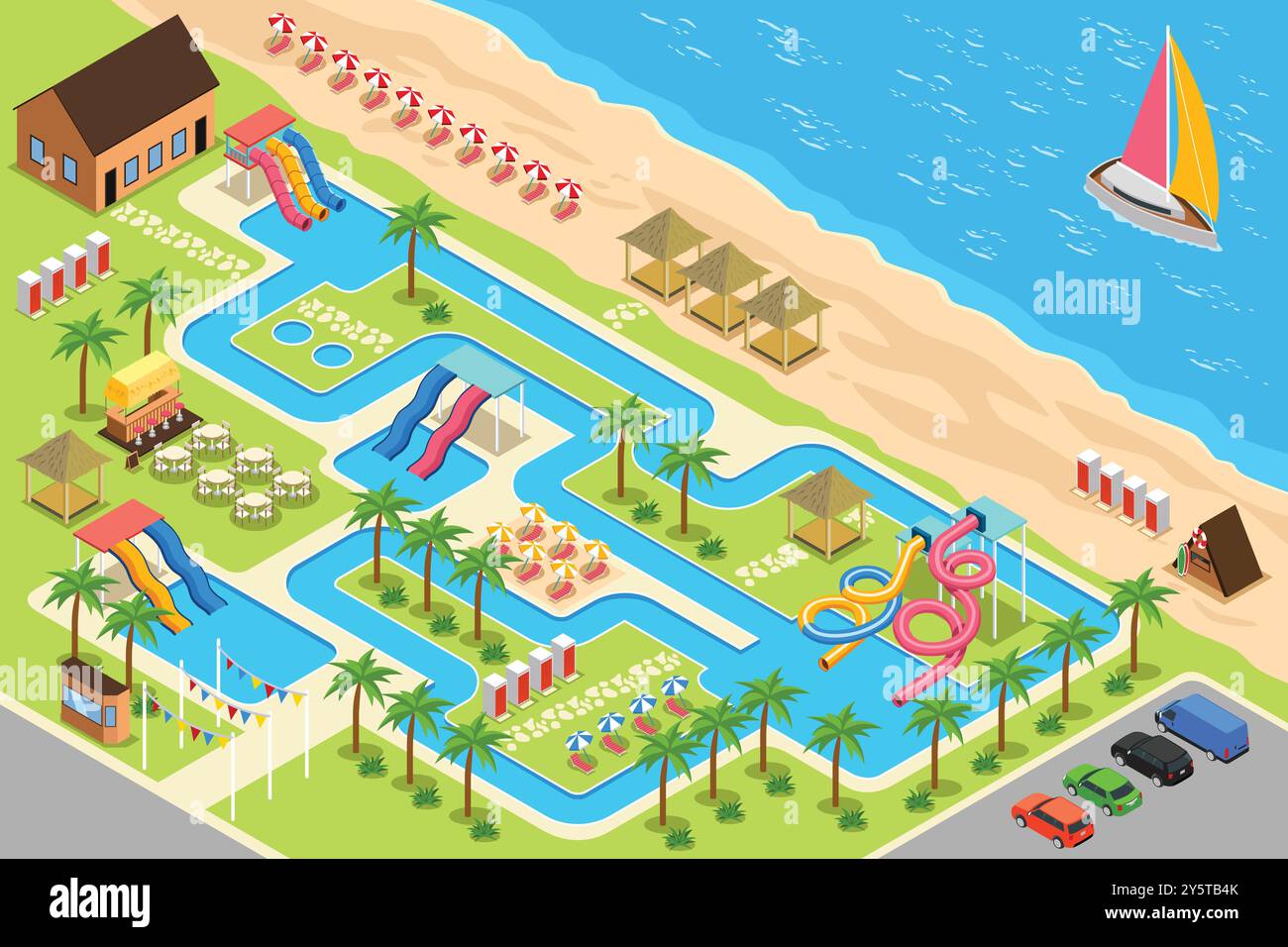 A vector illustration of Isometric Waterpark Resort Map Stock Vector ...