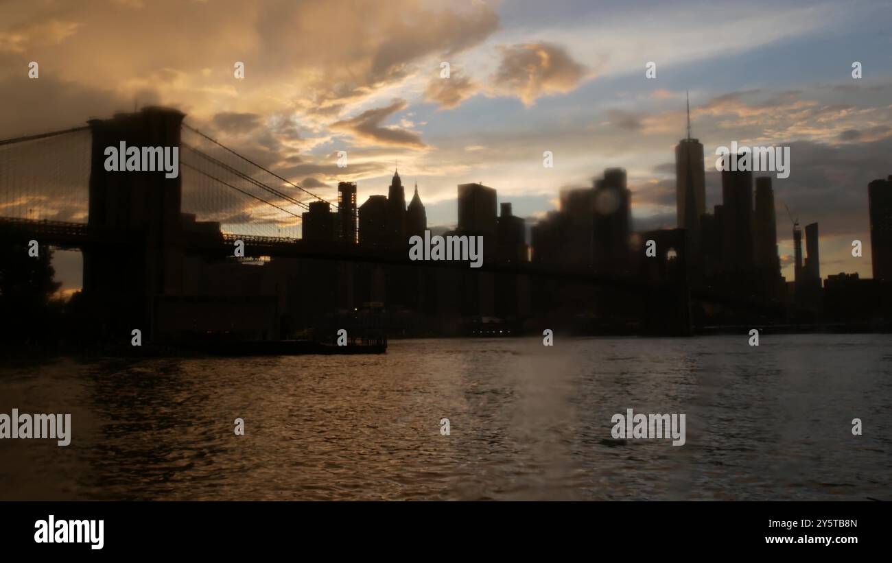 Brooklyn Bridge, rainy foggy day. New York City Manhattan downtown ...