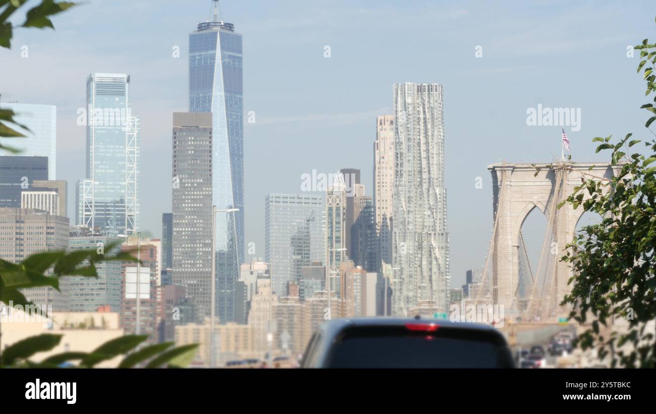 Cars on Brooklyn Bridge from Manhattan downtown to Dumbo. New York City ...