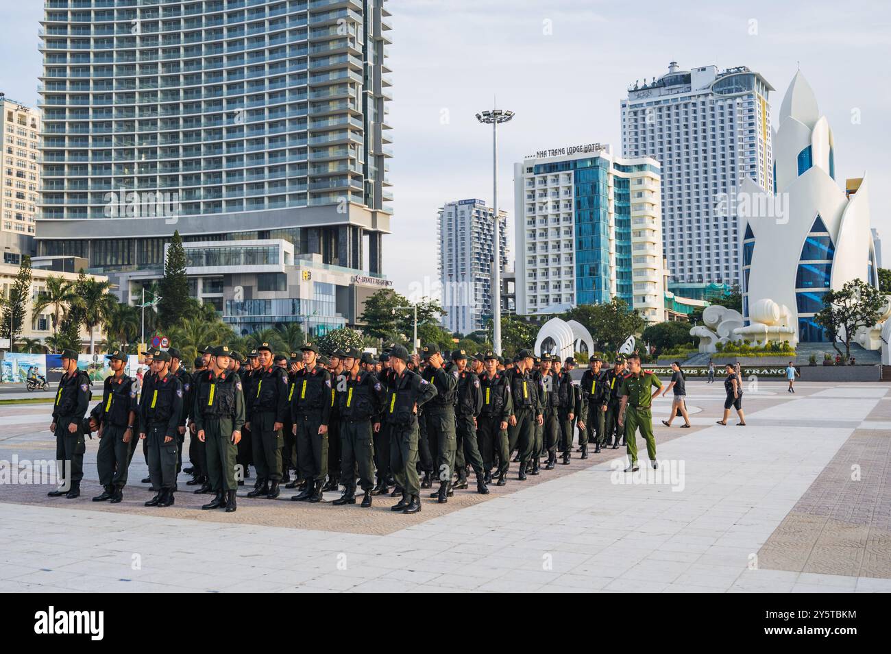 Training of group of young Vietnamese police officers in central square in the city. Nha Trang ...