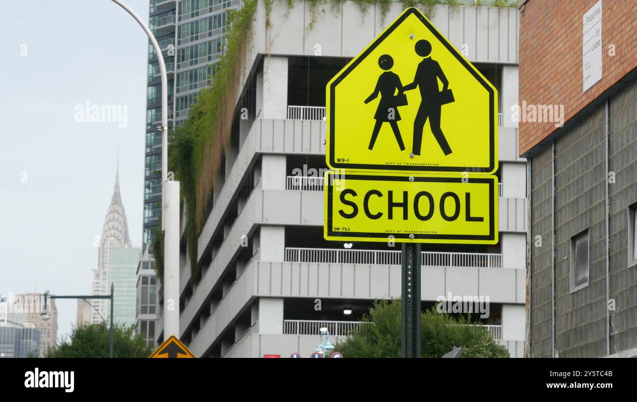 School zone yellow road sign, pedestrian crossing. Children safety, New ...