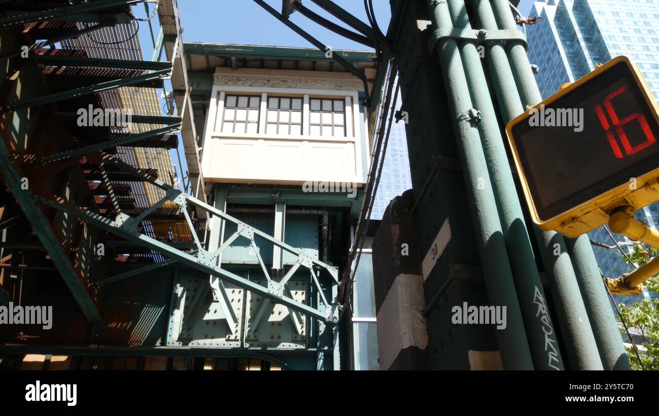 New York elevated subway, metropolitan bridge, metro track above street ...