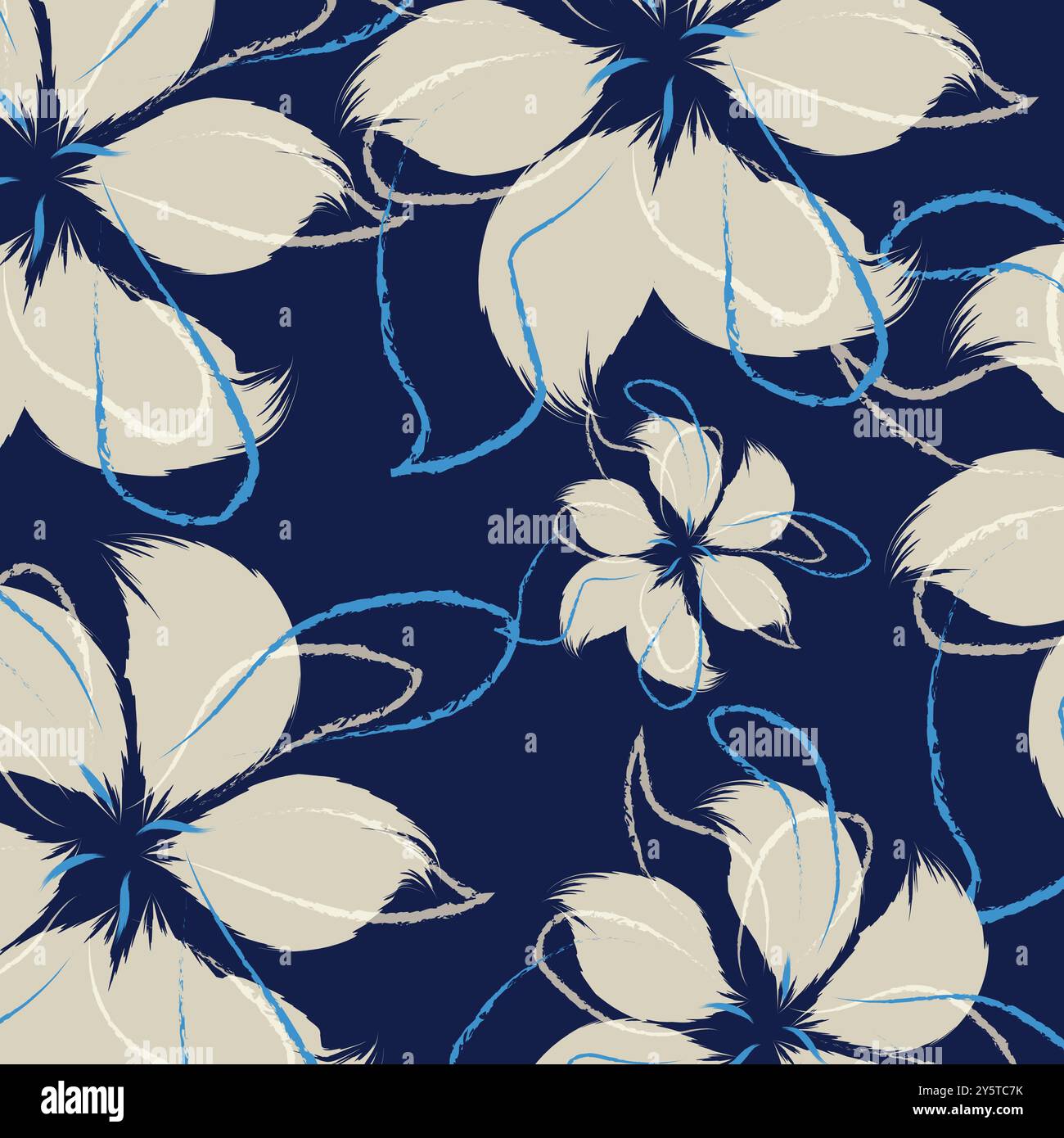 Modern blue textile design in vector of hand drawing patterns. Floral ...