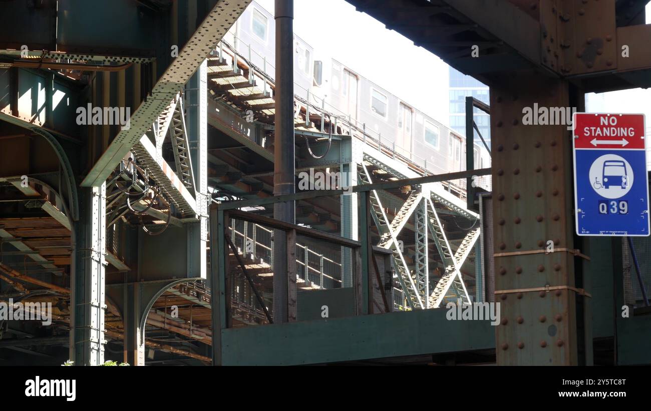 New York elevated subway, metropolitan bridge, metro track above street ...