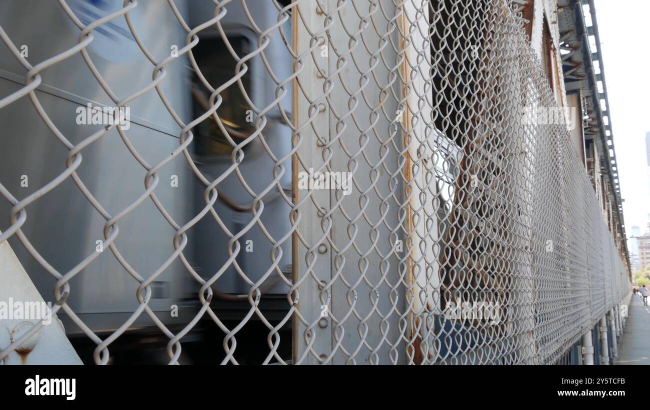 New York City Manhattan Bridge to Brooklyn Dumbo. American subway metro ...