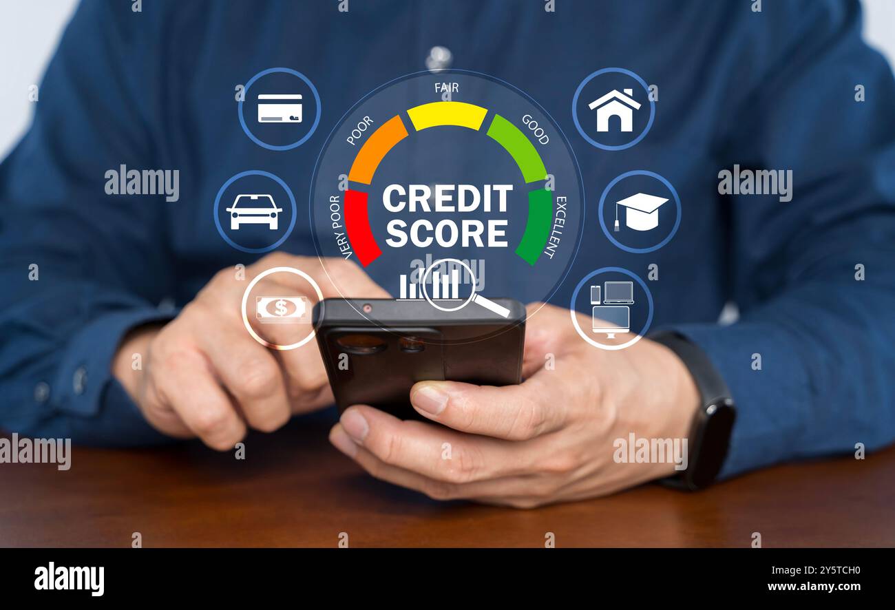 Credit score concept, Person use smartphone with virtual credit score ...
