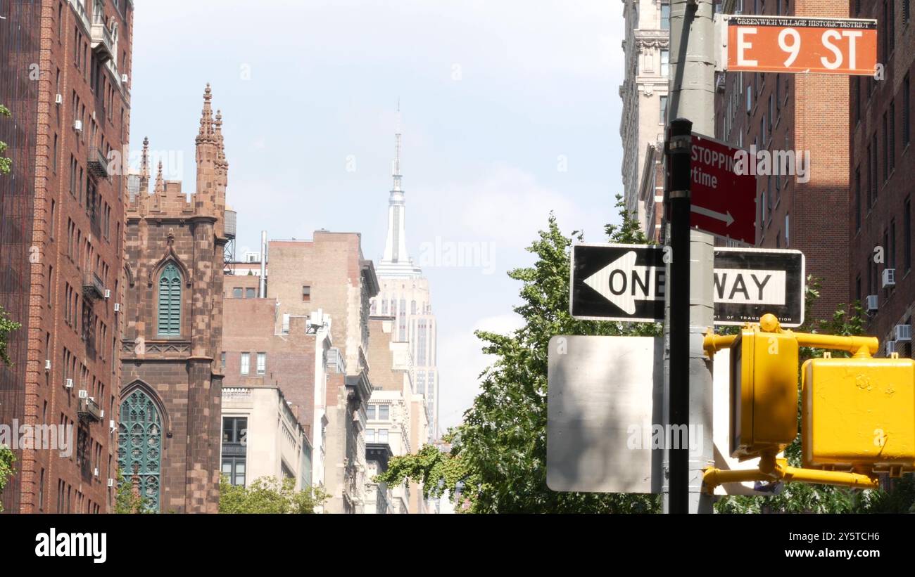 New York City crossroad, street intersection road sign on post. Empire ...