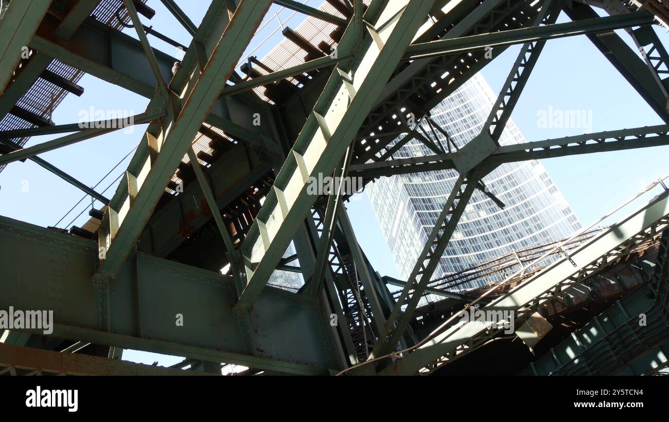New York elevated subway, metropolitan bridge, metro track above street ...