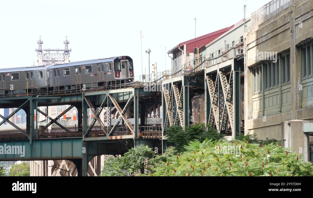 New York elevated subway, metropolitan bridge, metro track above street ...