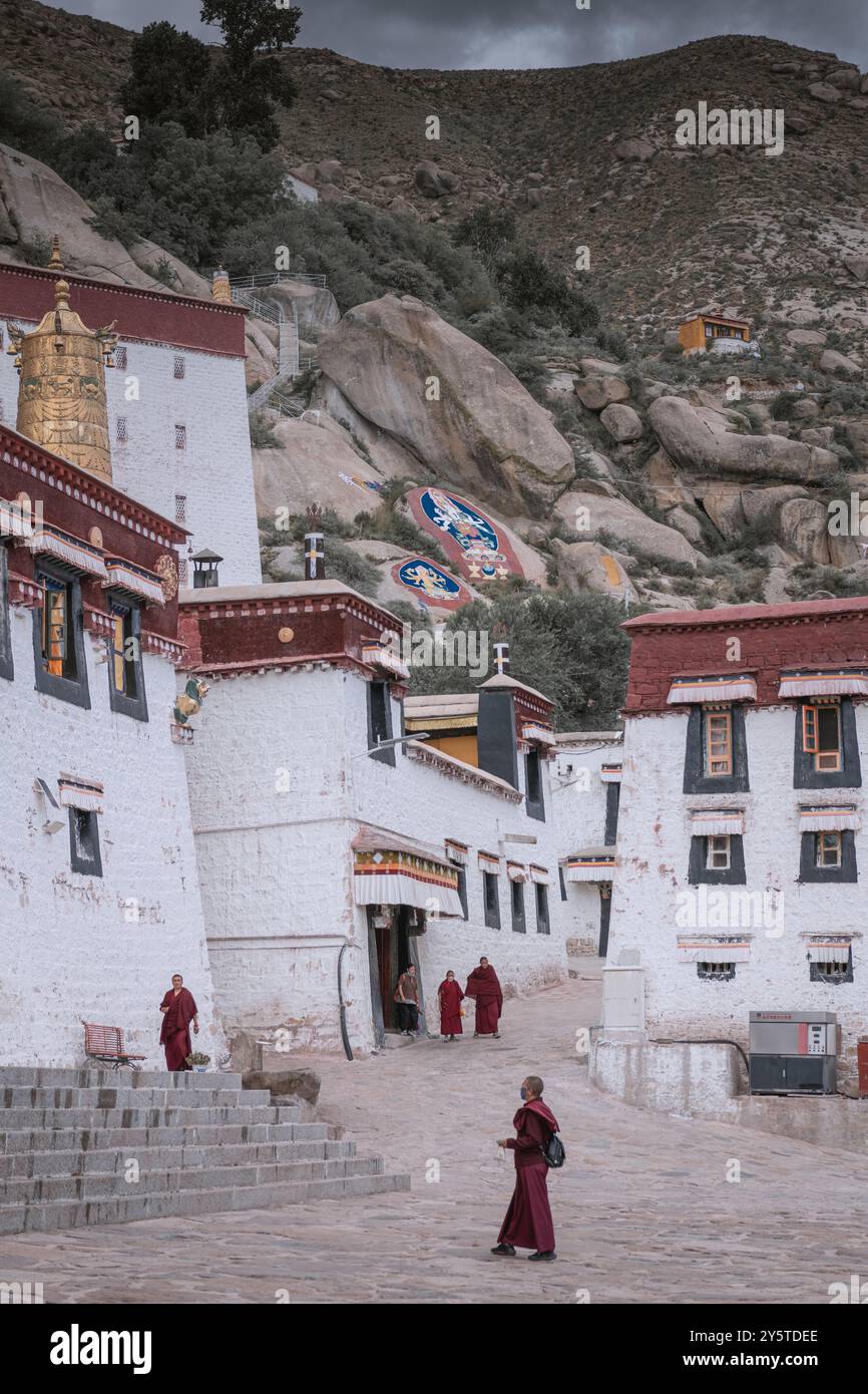 LHASA, TIBET, China - MAY 1, 2022: Architecture of white temples in Sera Monastery located in ...