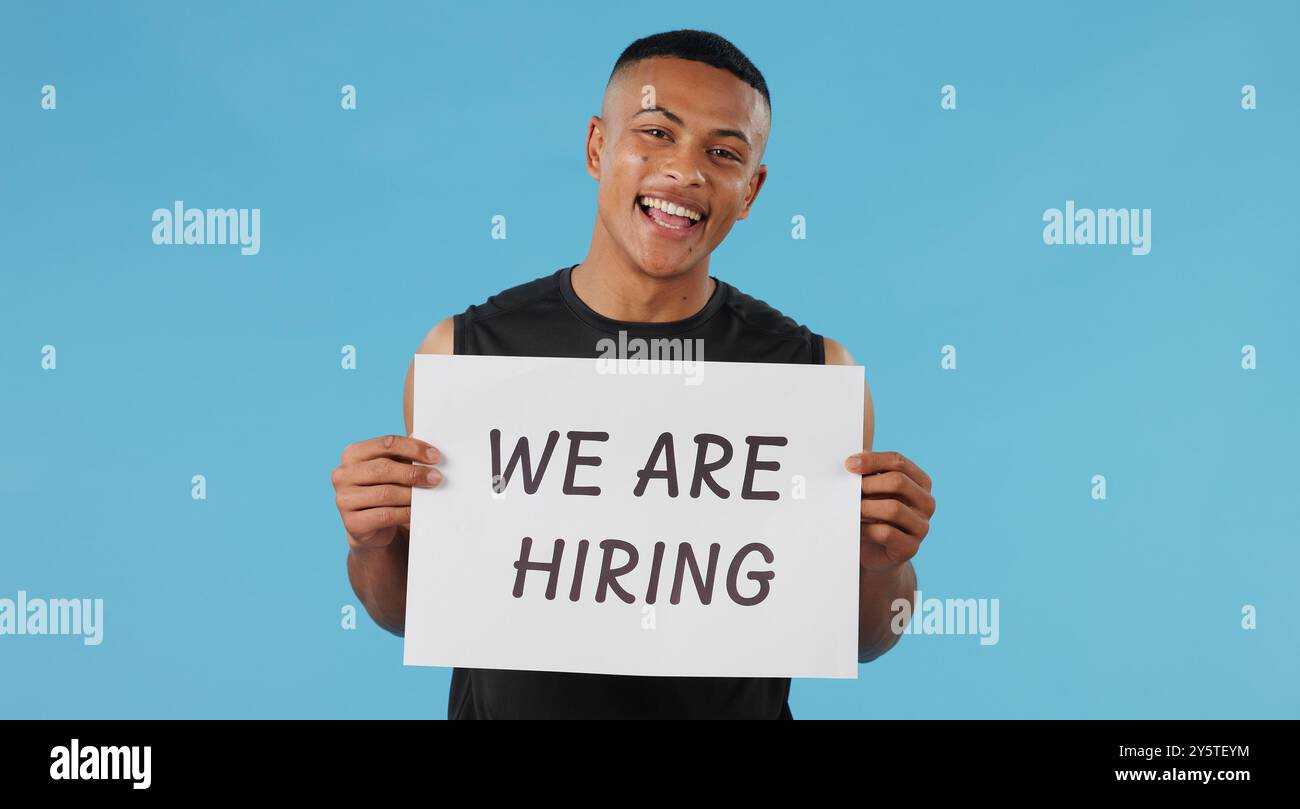Man, board and hiring in studio portrait with smile, fitness and ...