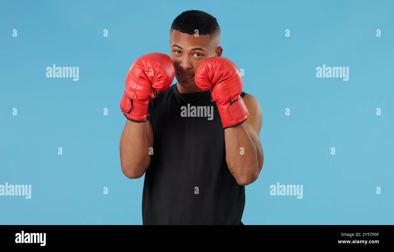 Man, fist and portrait in studio for box, fight and muay thai with ...
