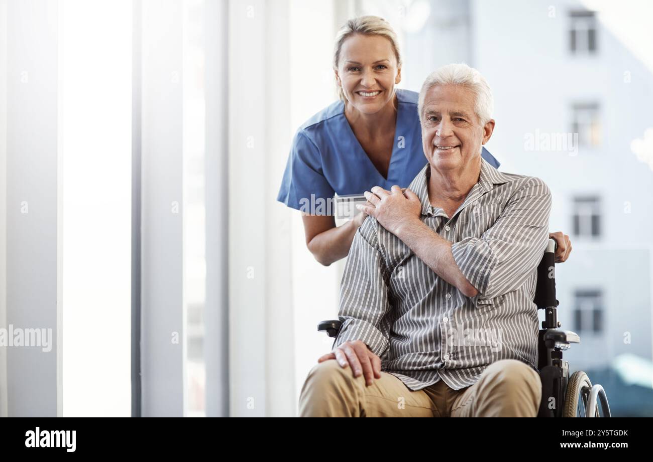 Portrait, nurse and patient with wheelchair, support and healing with ...