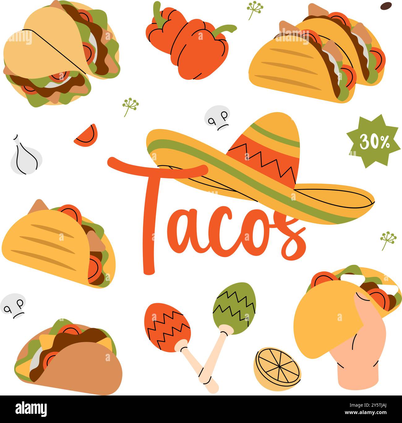 Tacos set. Tacos with meat, vegetable and tortilla. Hand drawn elements ...