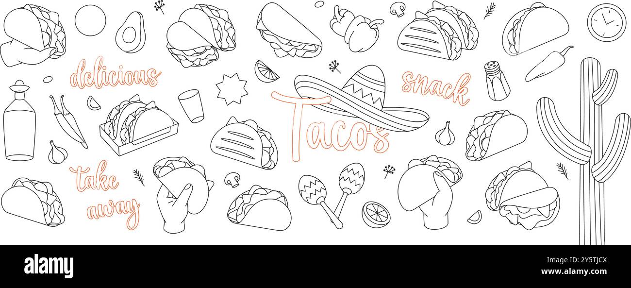 Tacos outline set. Takeaway snack. Tacos with meat, vegetable and ...