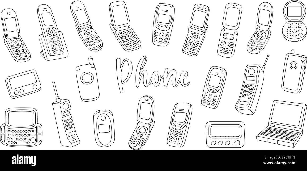 Retro phones outline set. Old communication gadgets. Mobile with ...
