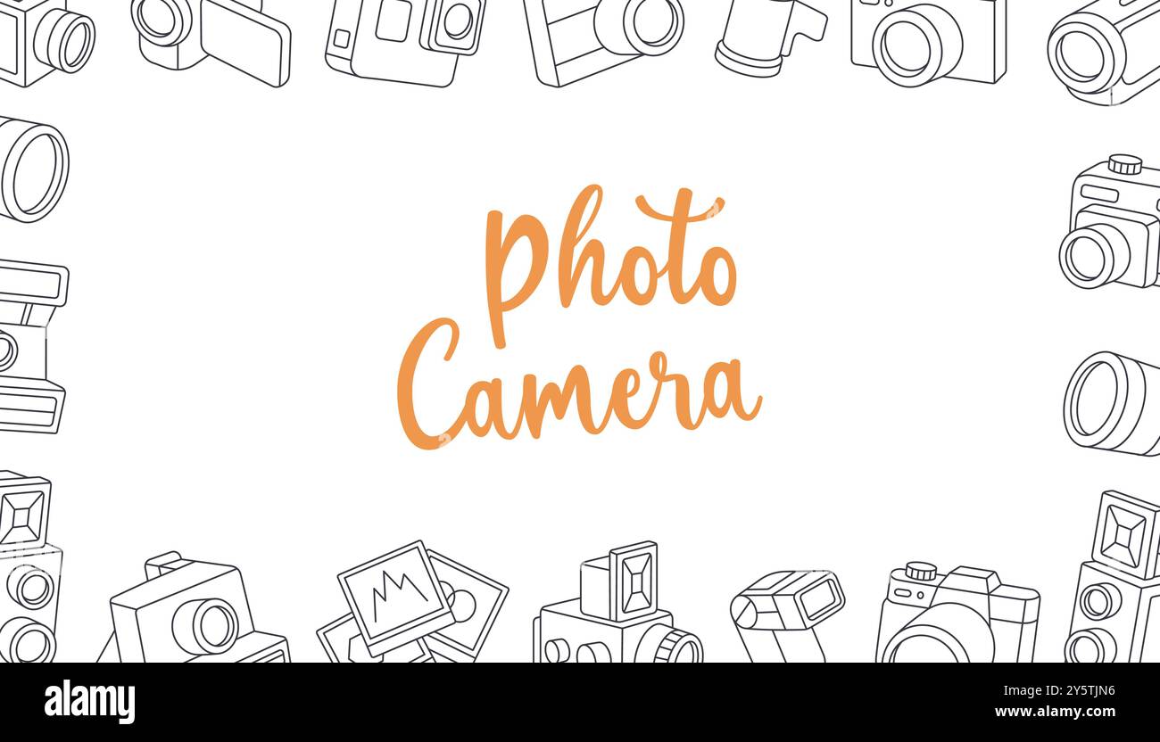 Camera kit horizontal outline banner. Photo studio set. Video cam ...