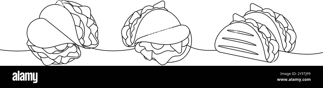 Grilled beef tacos one line continuous drawing. Tacos with meat ...