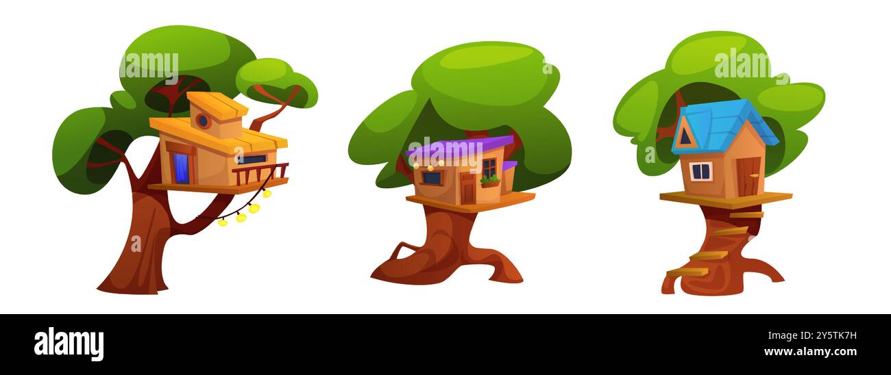 Kid treehouse cartoon. Wooden tree house vector. Forest hut with ladder ...