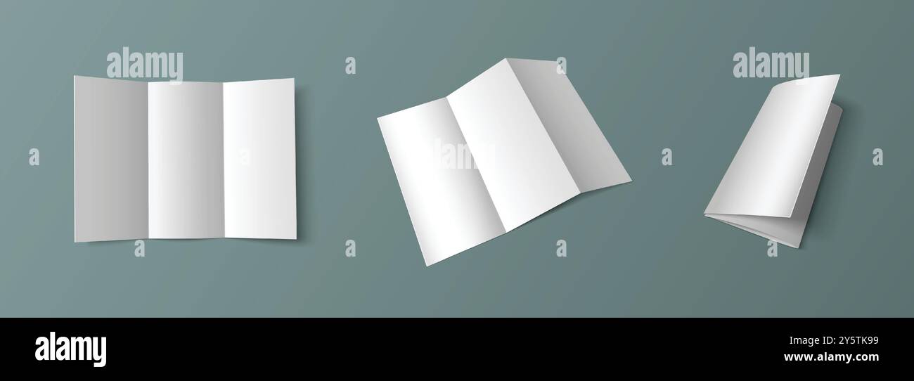 Tri fold white empty leaflet mockup in different angles of view. Open ...