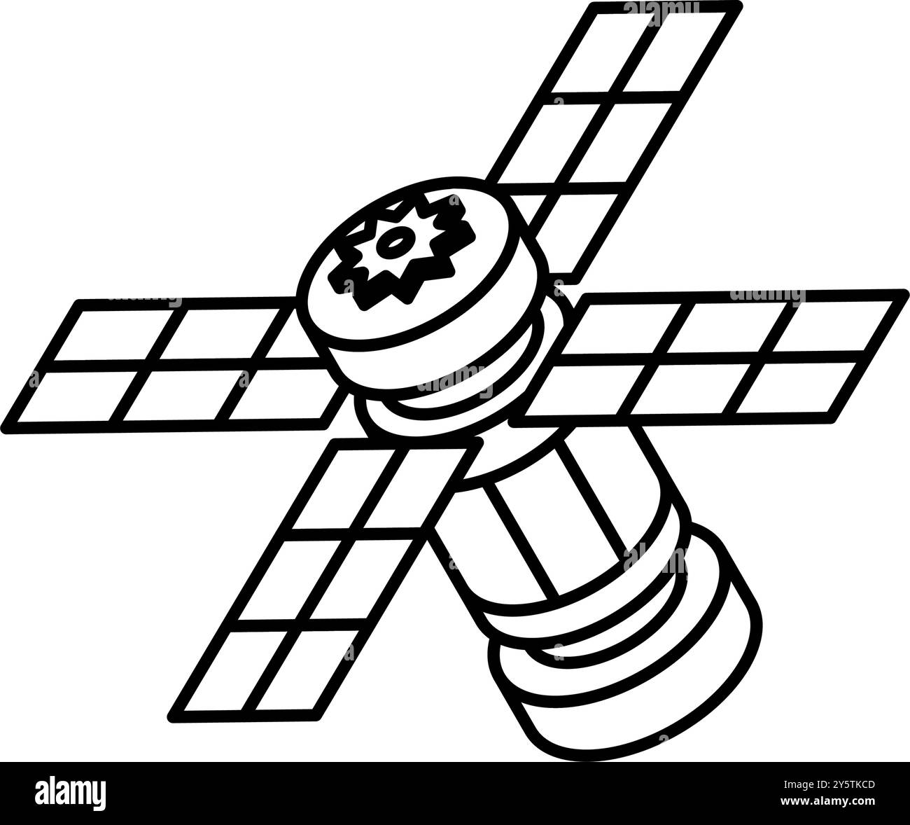 Simple line drawing in black and white of a satellite, isometric ...