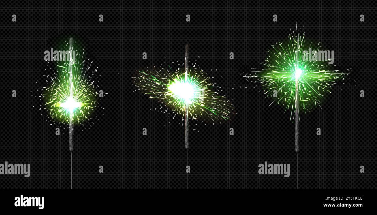 Green sparkler sticks set isolated on transparent background. Vector realistic illustration of ...