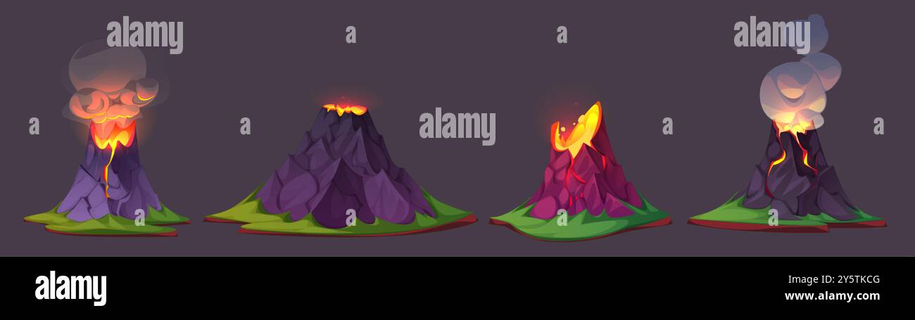 Volcano eruption with flowing lava and smoke cloud on island. Cartoon ...