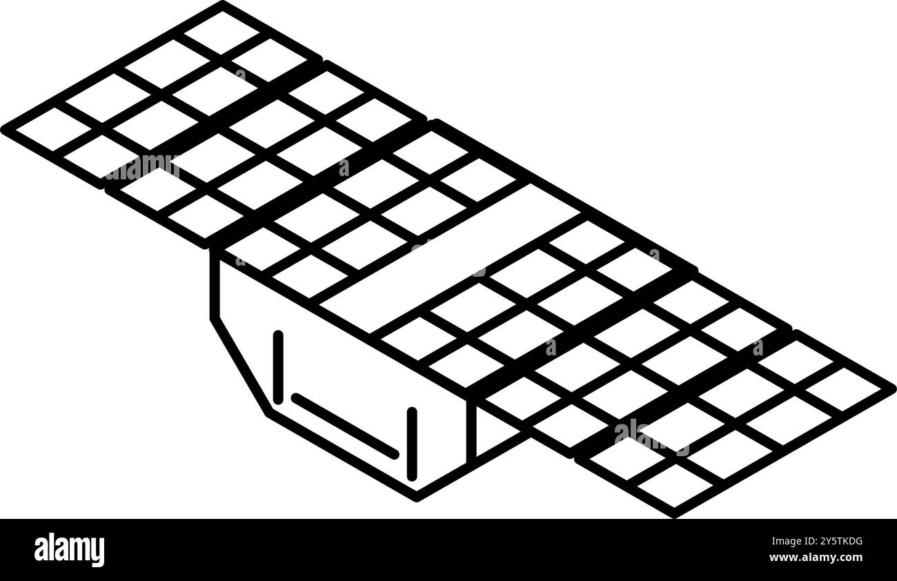 Simple line drawing in black and white of a satellite, isometric ...