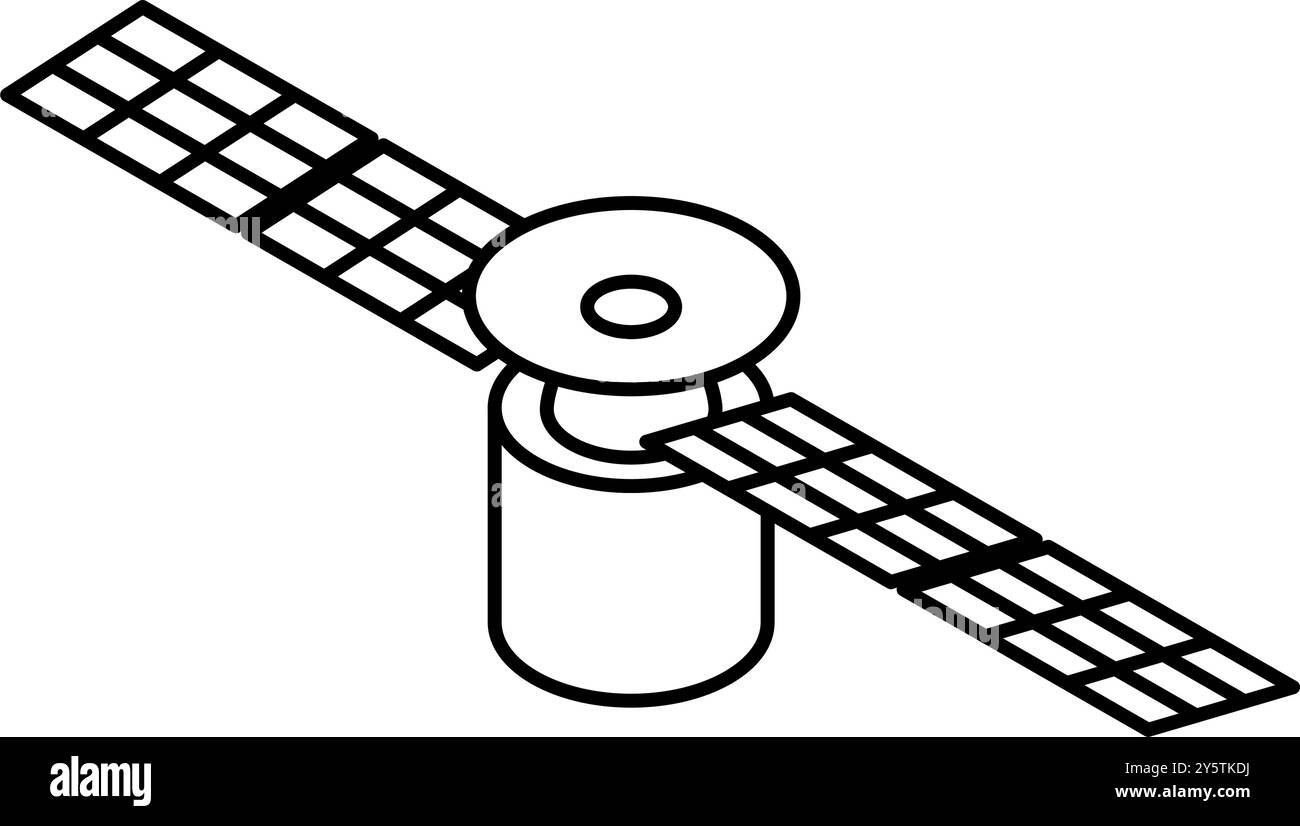 Simple line drawing in black and white of a satellite, isometric ...