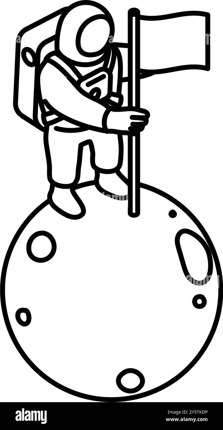 Simple line drawing in black and white of an astronaut pointing a flag ...