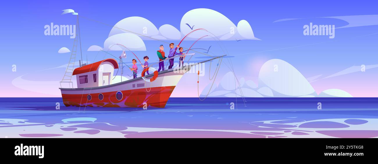 Happy smiling men and teen kids tourists on fishing boat in sea or ...