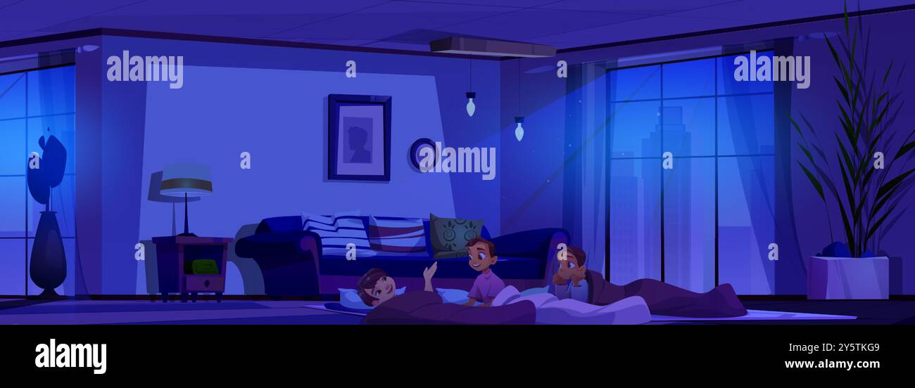 Teen kids lying on floor covered with blankets and talking at night ...