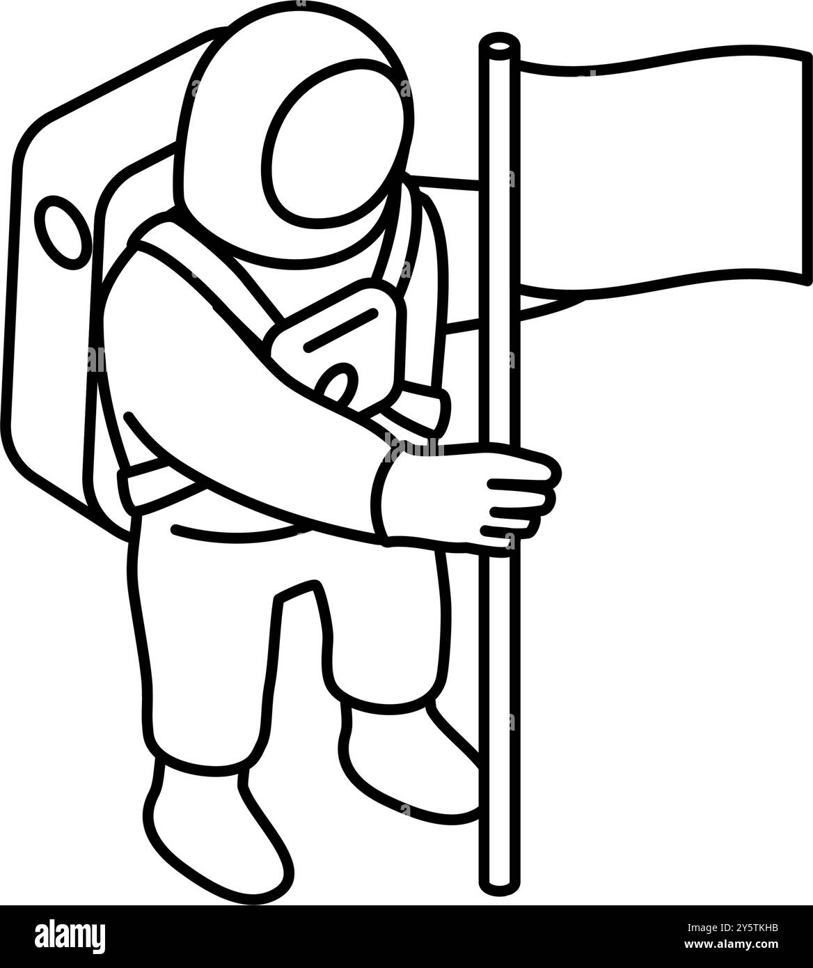 Simple line drawing in black and white of an astronaut pointing a flag ...