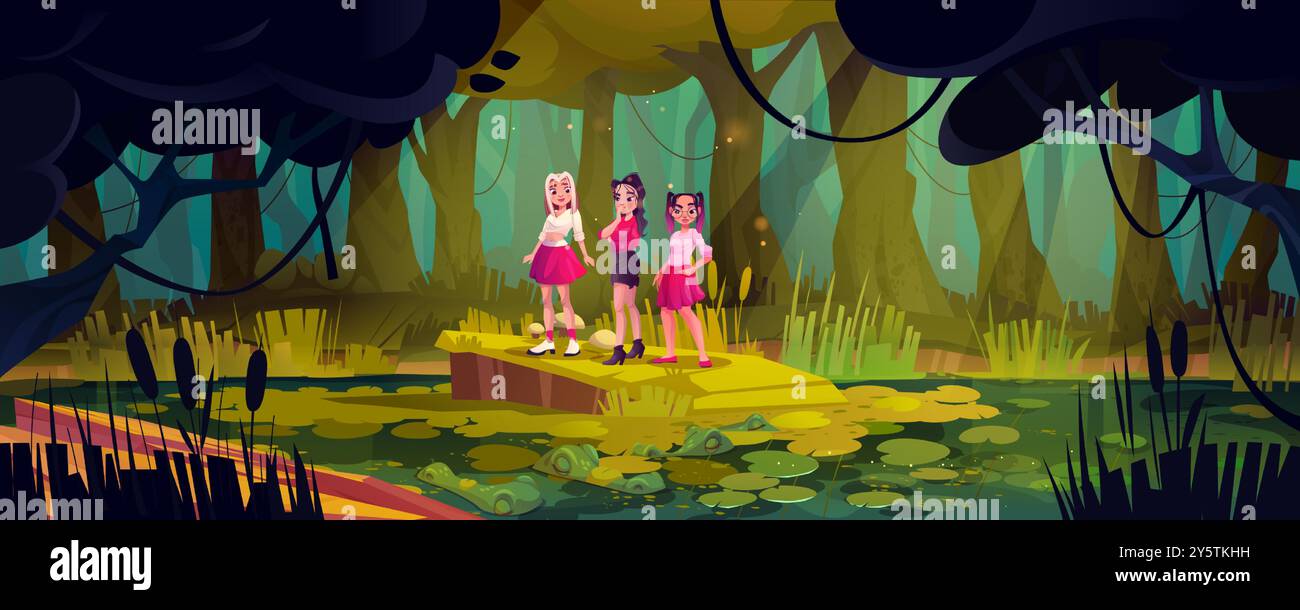 Teen girls standing on stone island on swamp with crocodiles in forest ...