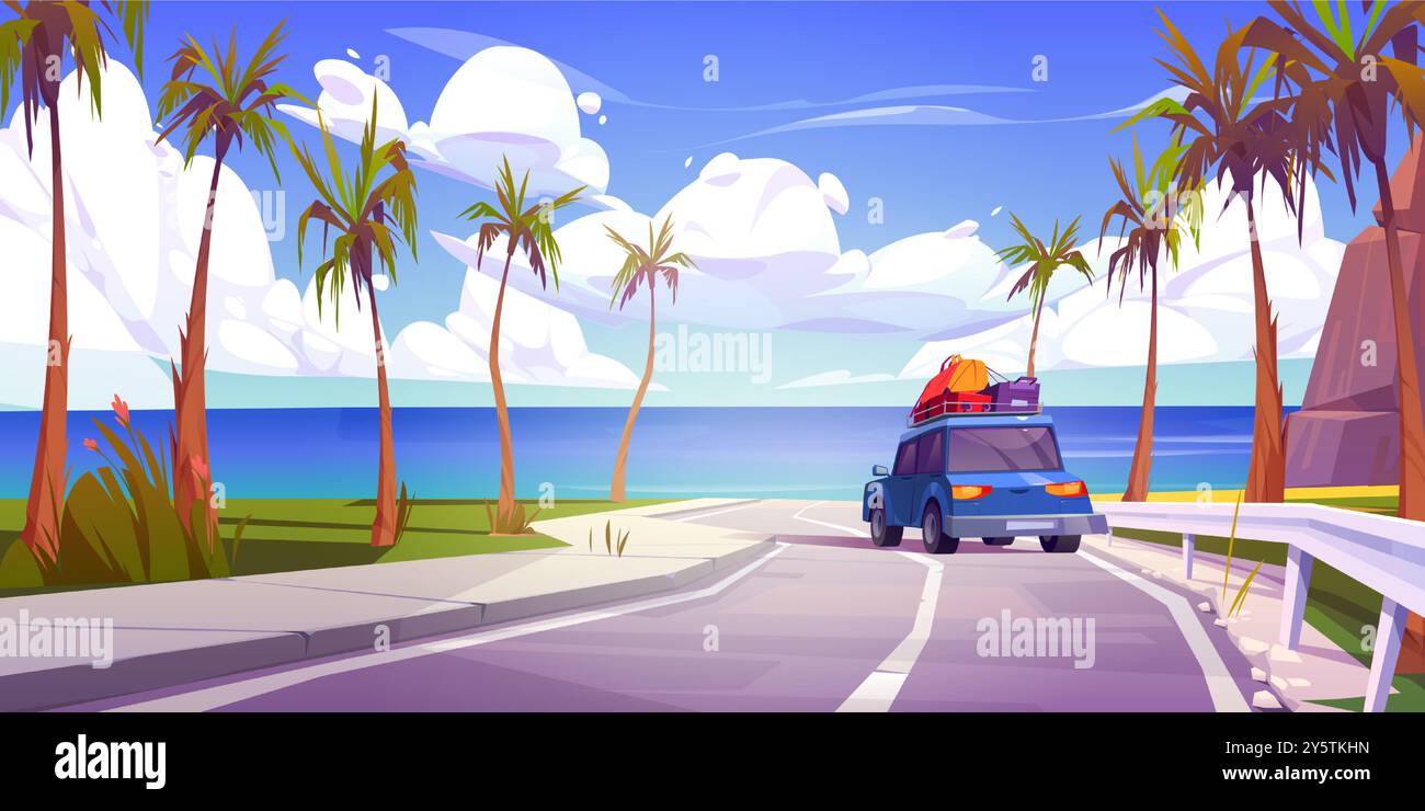 Car with baggage in suitcases on roof driving road to sea or ocean ...