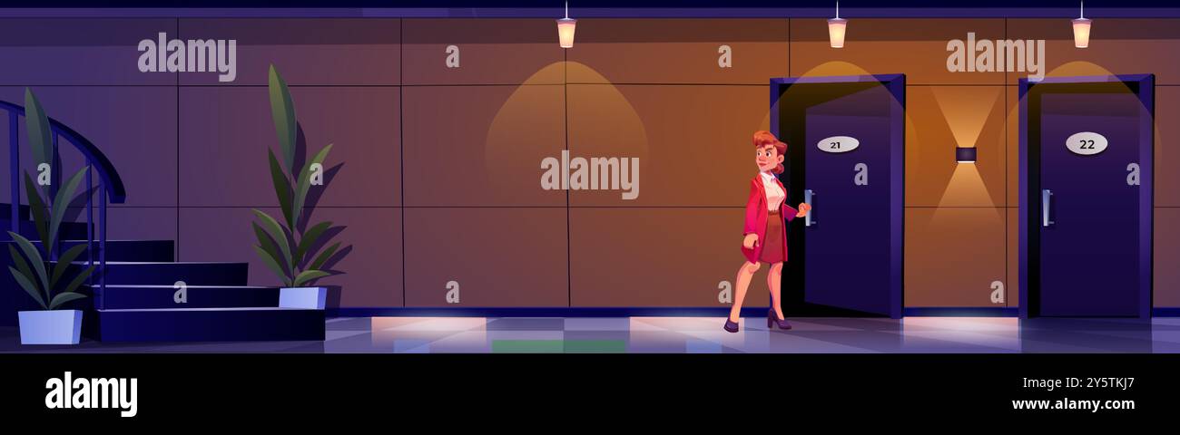 Woman secretly entering hotel room at night. Vector cartoon ...