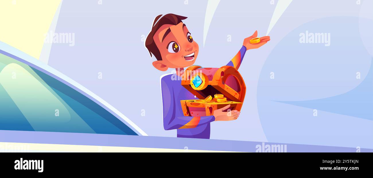 Happy boy holding treasure chest full of money. Vector cartoon ...