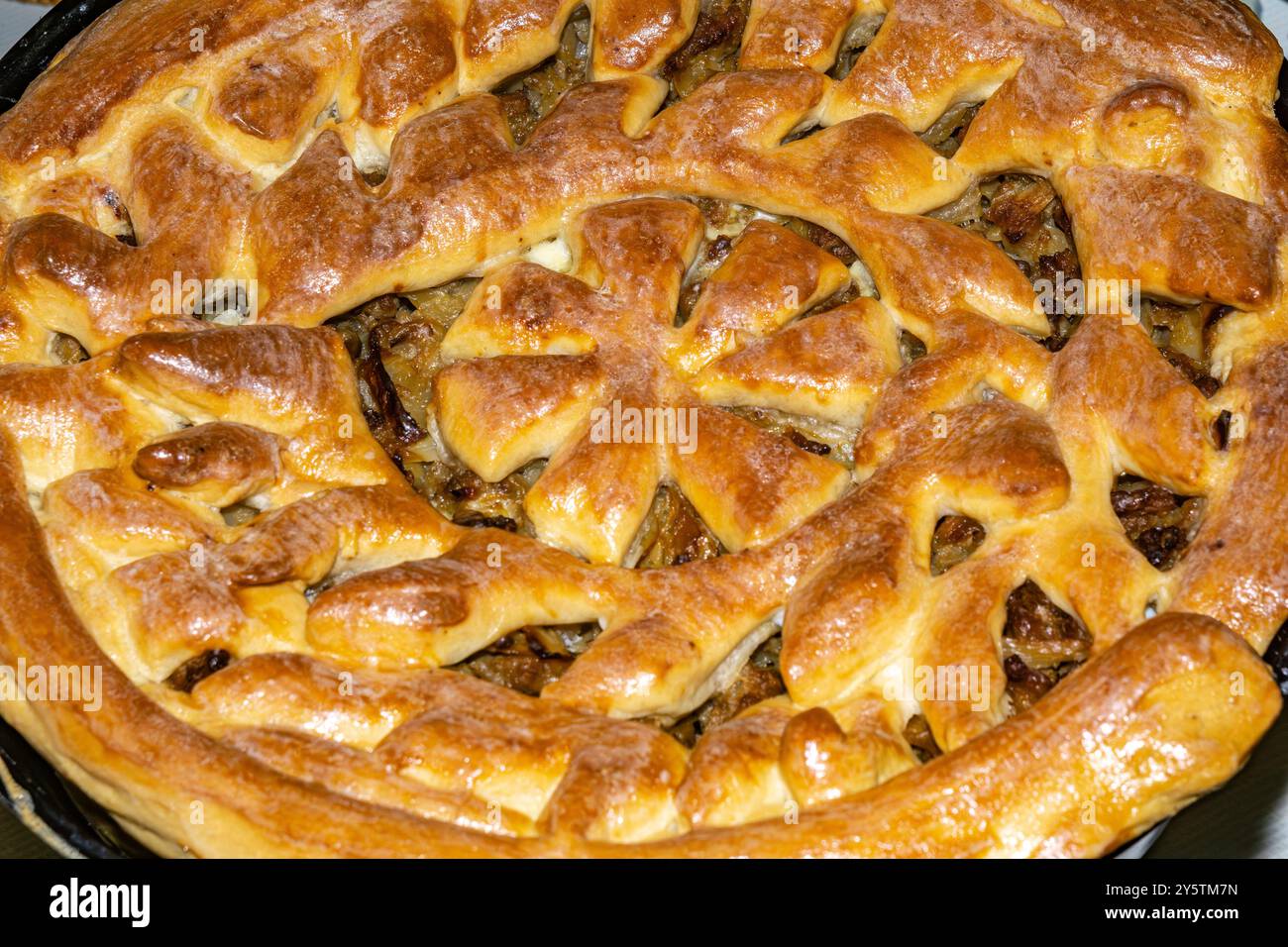 Decorative meat pie with a tasty crust with hearty minced beef cooked ...